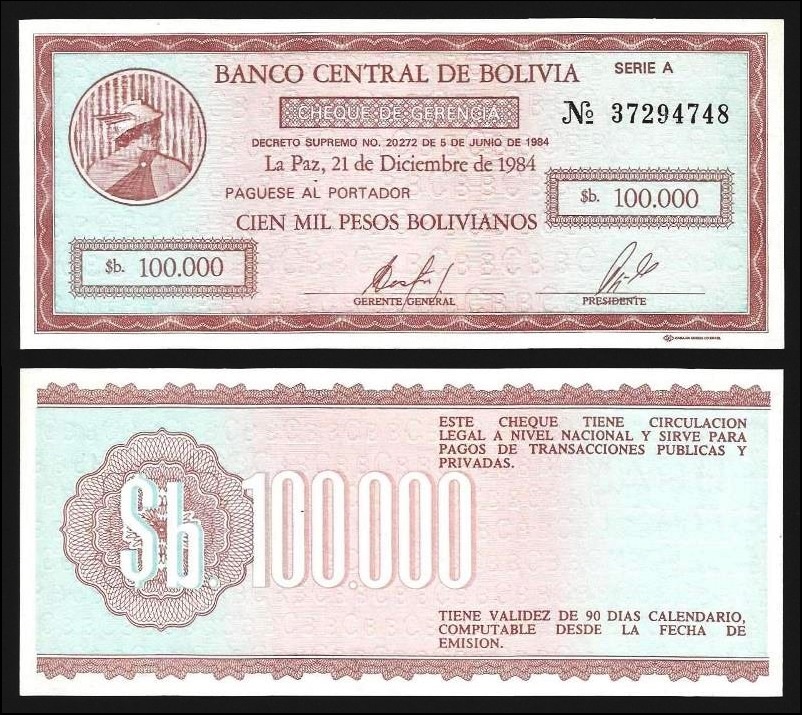 BOLÍVIA .n188 - 100.000 PESOS B. (1984) NOVA - Numiscor